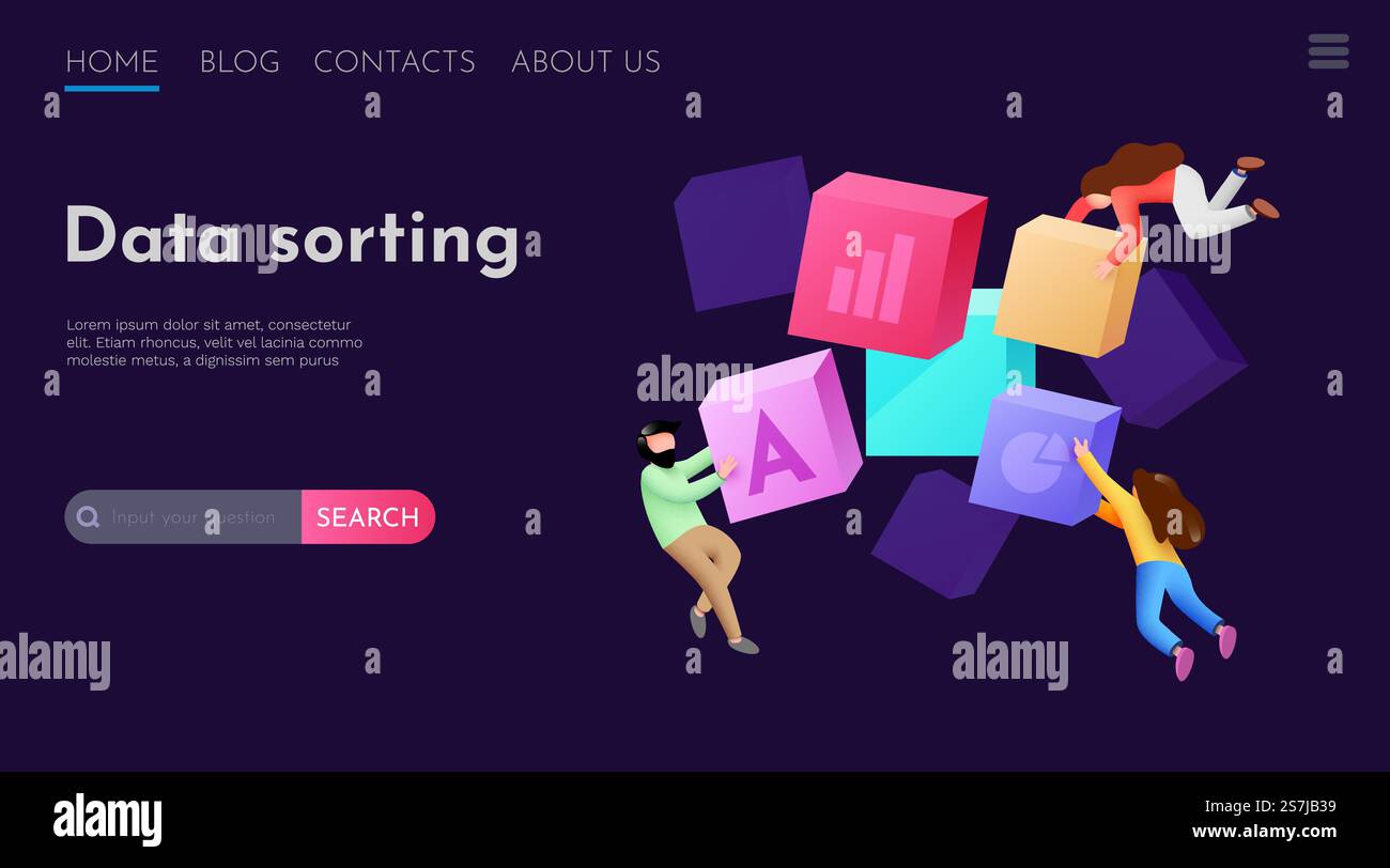 Flying people sorting data cubes. Business audit concept. Vector illustration. Flying people ...