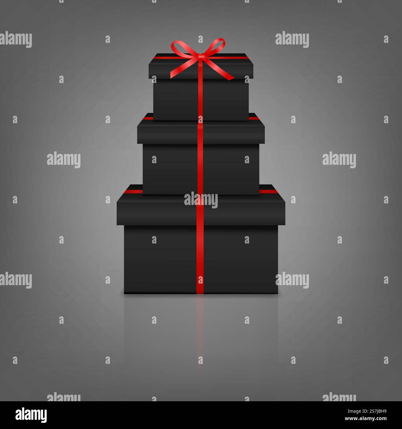 Stack of three realistic black gift boxes with red ribbon and bow on ...