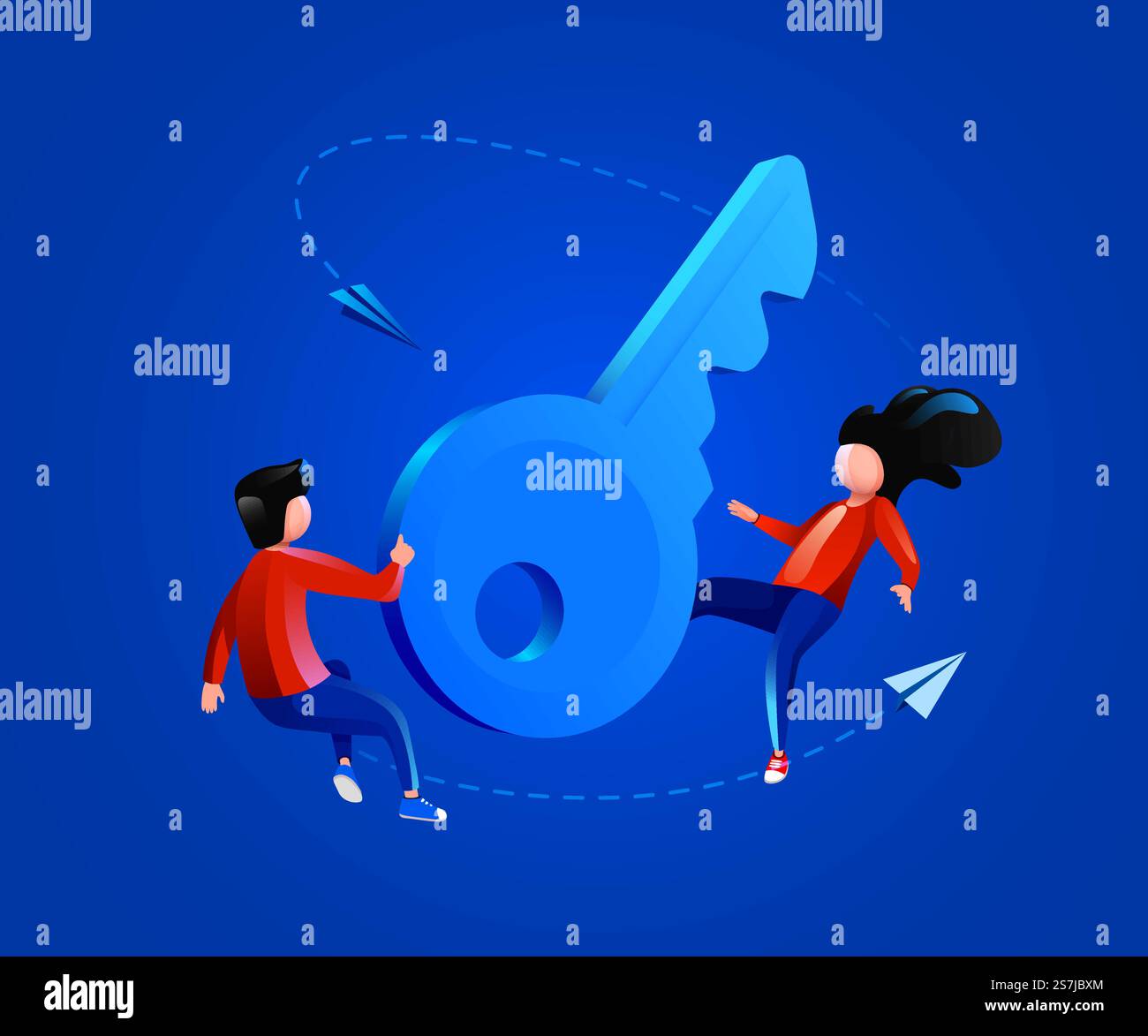 People fly around 3d key. Opportunity, solution or key to success ...