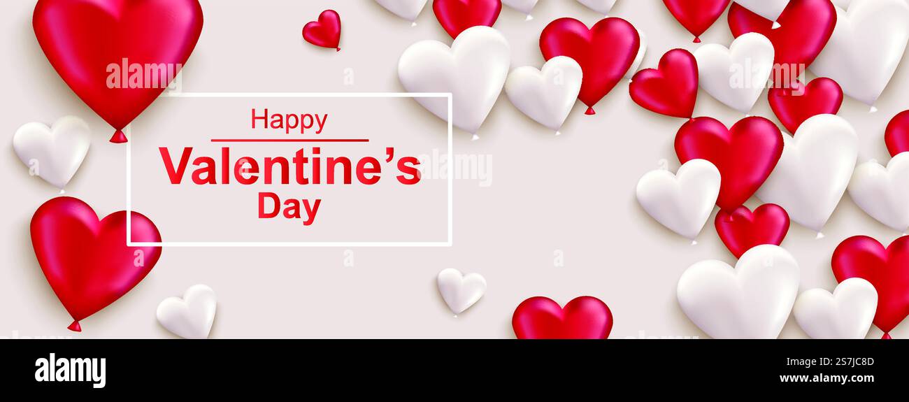 Happy Valentines day horizontal web banner. Realistic red and white ...