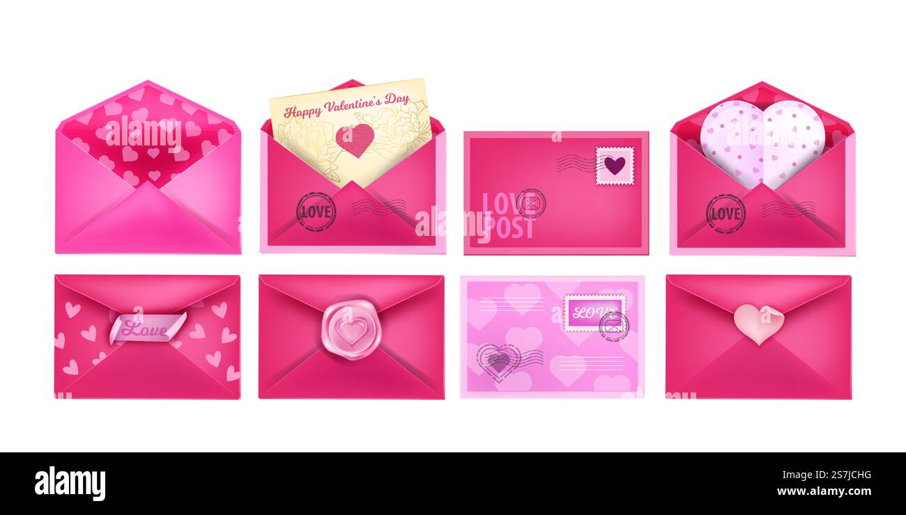 Valentine’s Day vector love letter envelopes realistic set with heart ...