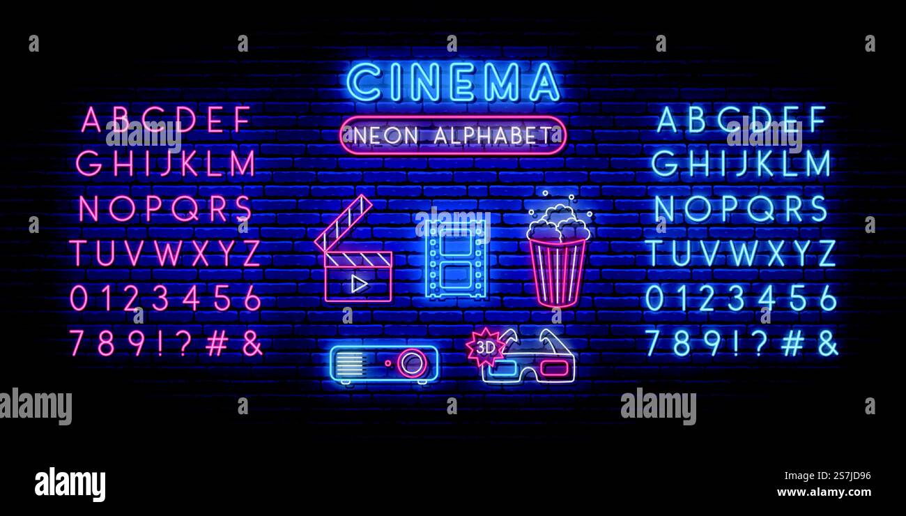 Cinema and alphabet neon sign set. Glowing neon popcorn box ...