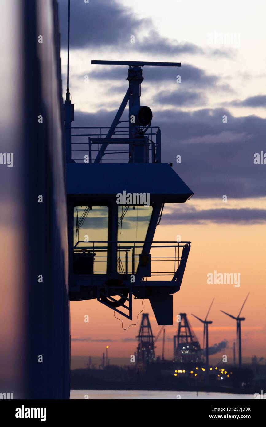 Silhouette of the starboard bridge wing of a ferry crossing from the UK ...