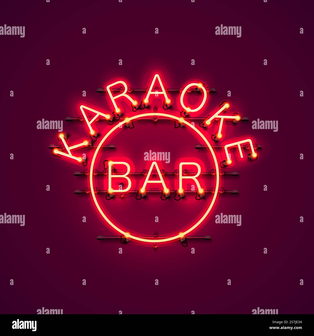Karaoke bar neon signboard on the red background. Vector illustration ...