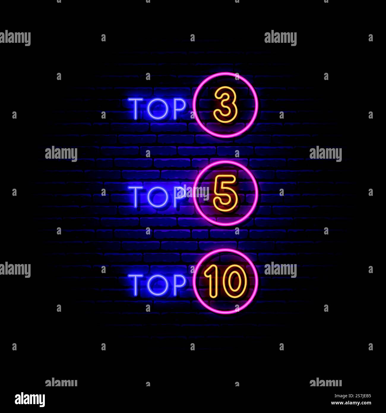 Neon rating signboard. Glowing symbols of Top 3, Top 5 and Top 10 ...