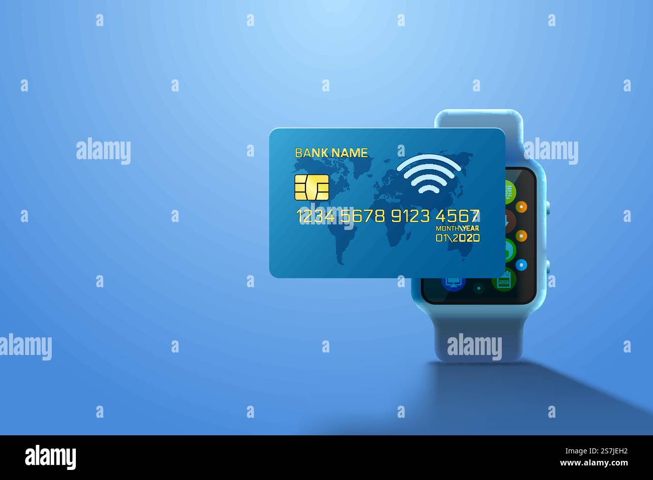Electronic credit card and watch icon, finance technology, blue ...