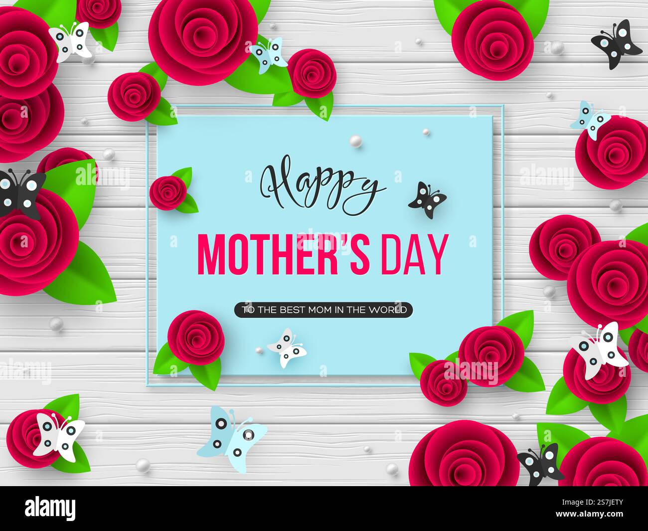 Happy Mothers day greeting card. 3d paper cut flowers with butterfly ...