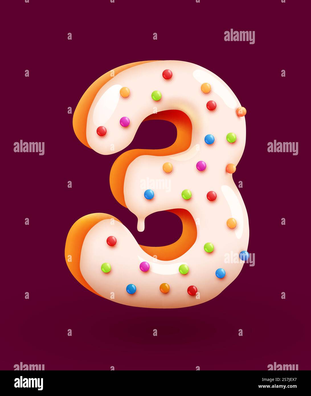 Glazed donut font. Number 3. Number three cake. Dessert style ...