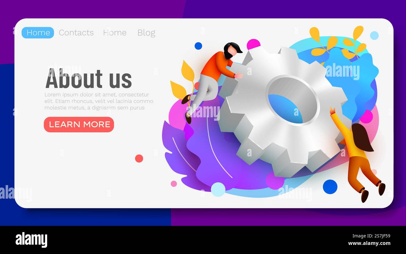 Small people flying around big cogwheel. Development, engineering or ...