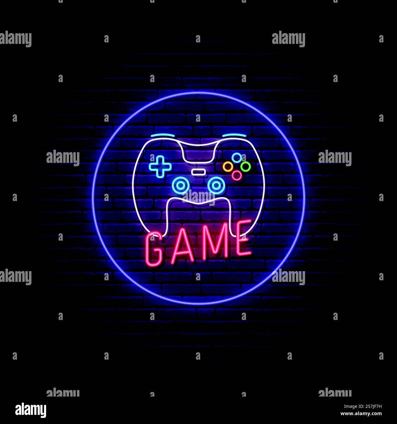 Neon Game signboard. Glowing neon Gamepad icon in circle frame on brick ...