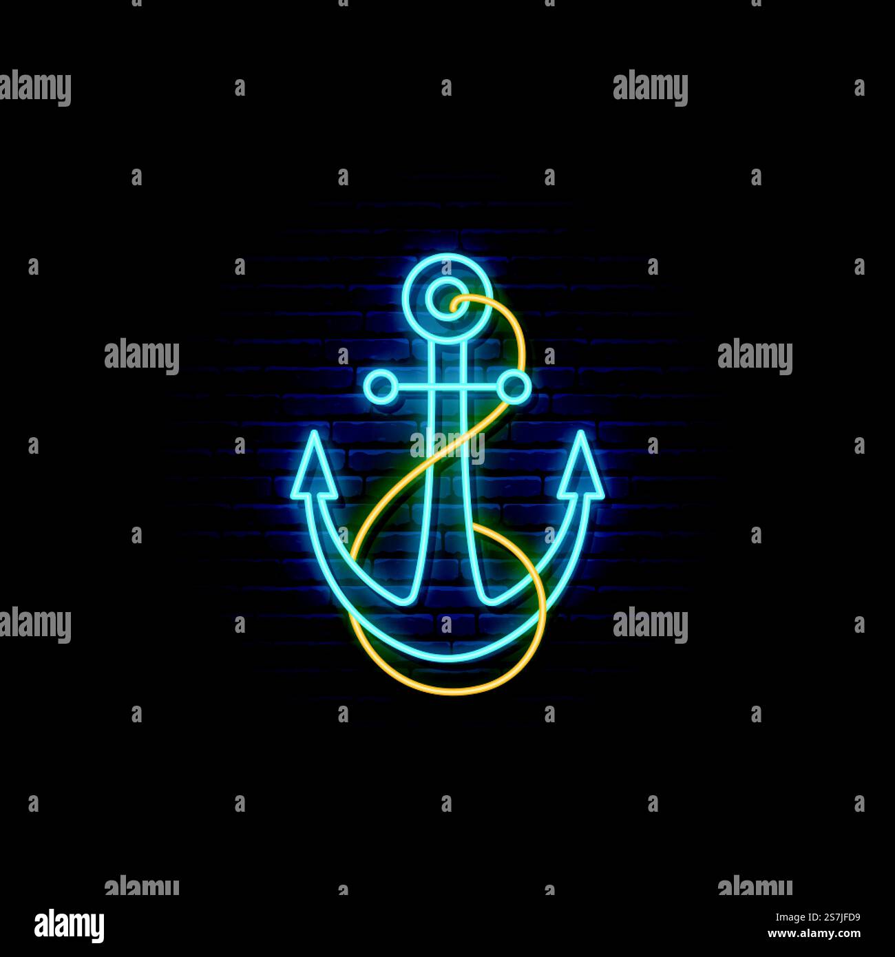 Neon anchor sign. Glowing anchor icon on dark brick wall background ...