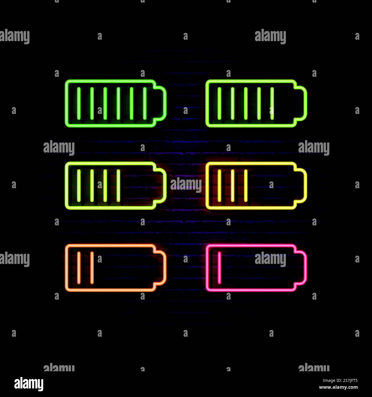 Set of battery neon sign. 6 glowing neon charger icons. Vector symbol ...