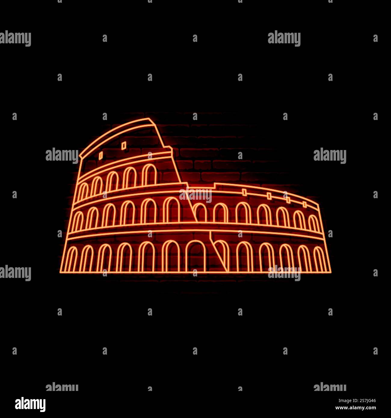 Colosseum neon sign. Glowing neon Colosseum icon on dark brick wall ...