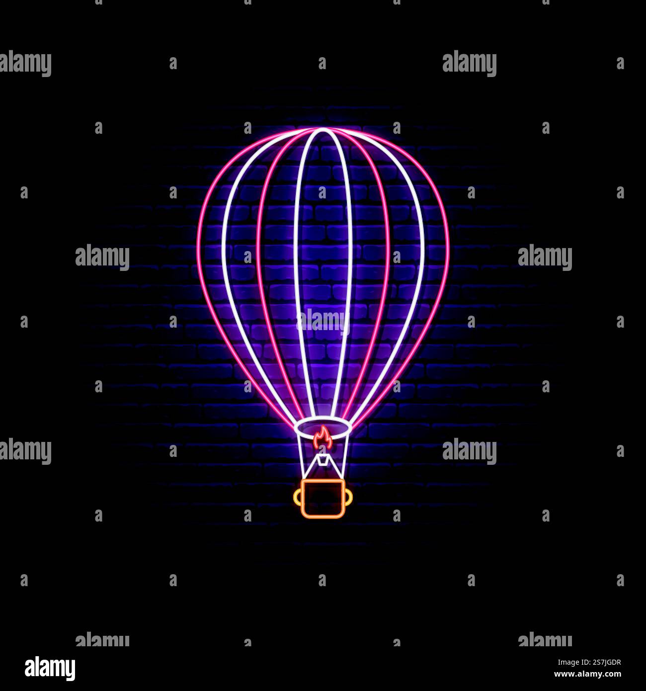 Neon signboard for air balloons show. Hot air balloon neon sign on dark ...