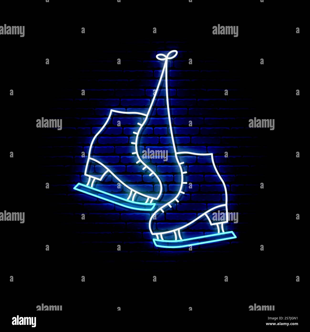 Skates neon sign. Ice rink emblem in neon style. Glowing blue skates ...