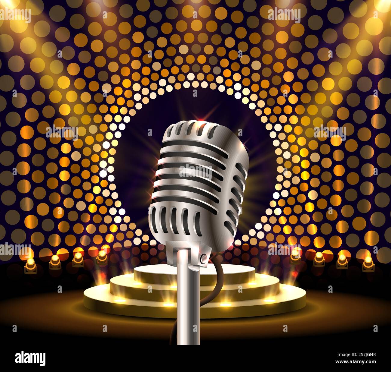 The musical show, microphone on the golden scene. Vector illustration ...