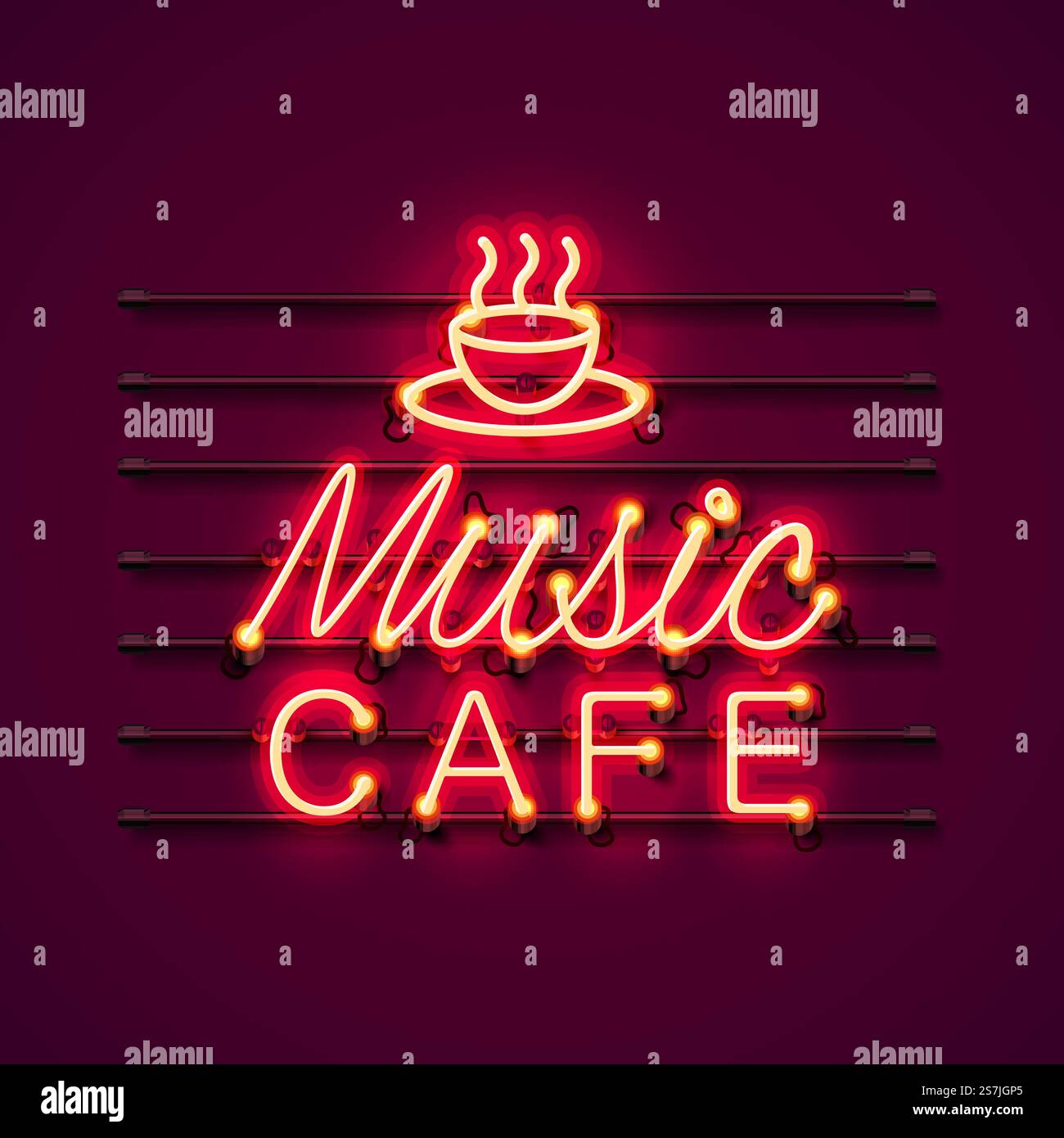 Neon music cafe text icon signboard on the red background. Vector ...