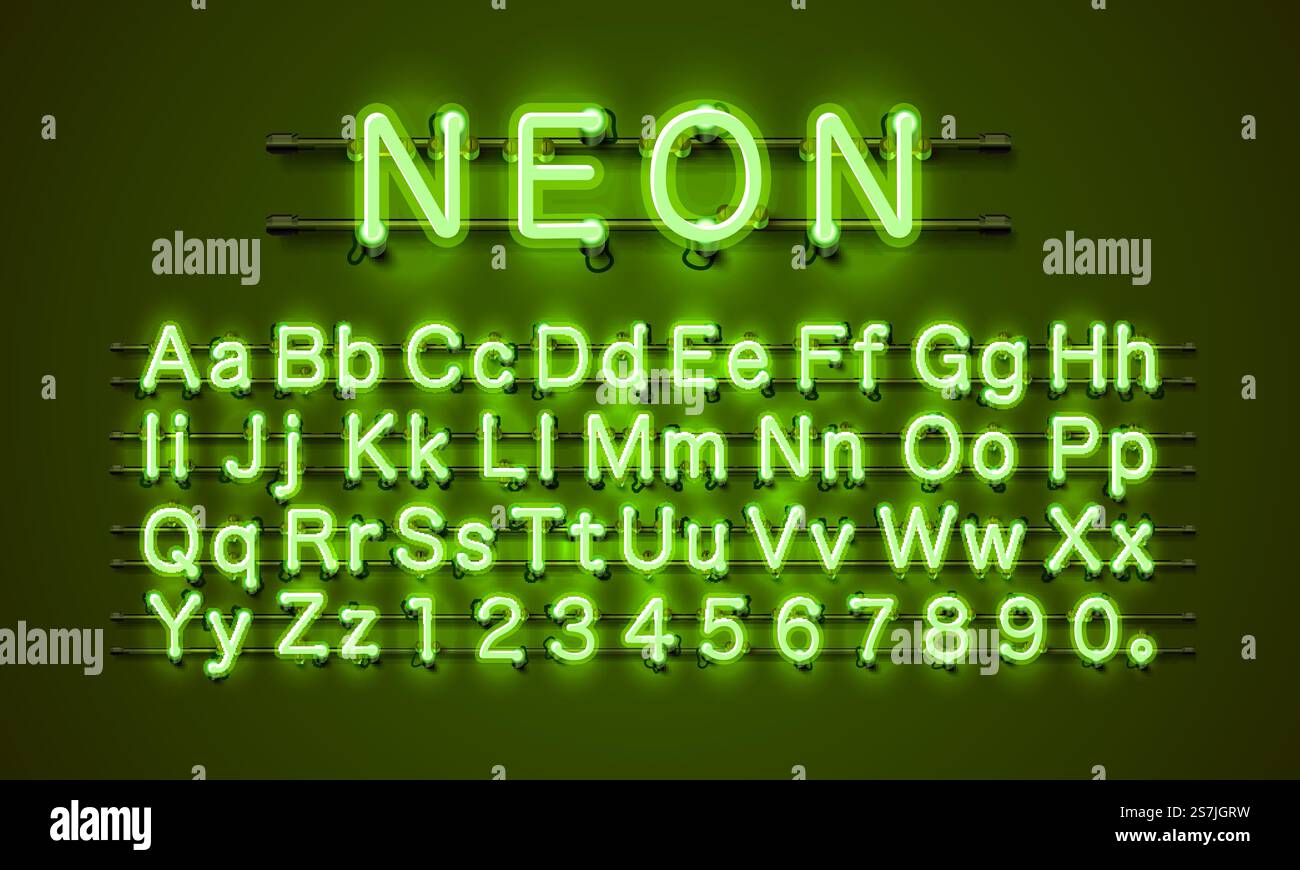 Neon font city. Neon green font. Lamp green font. Alphabet font. Vector ...