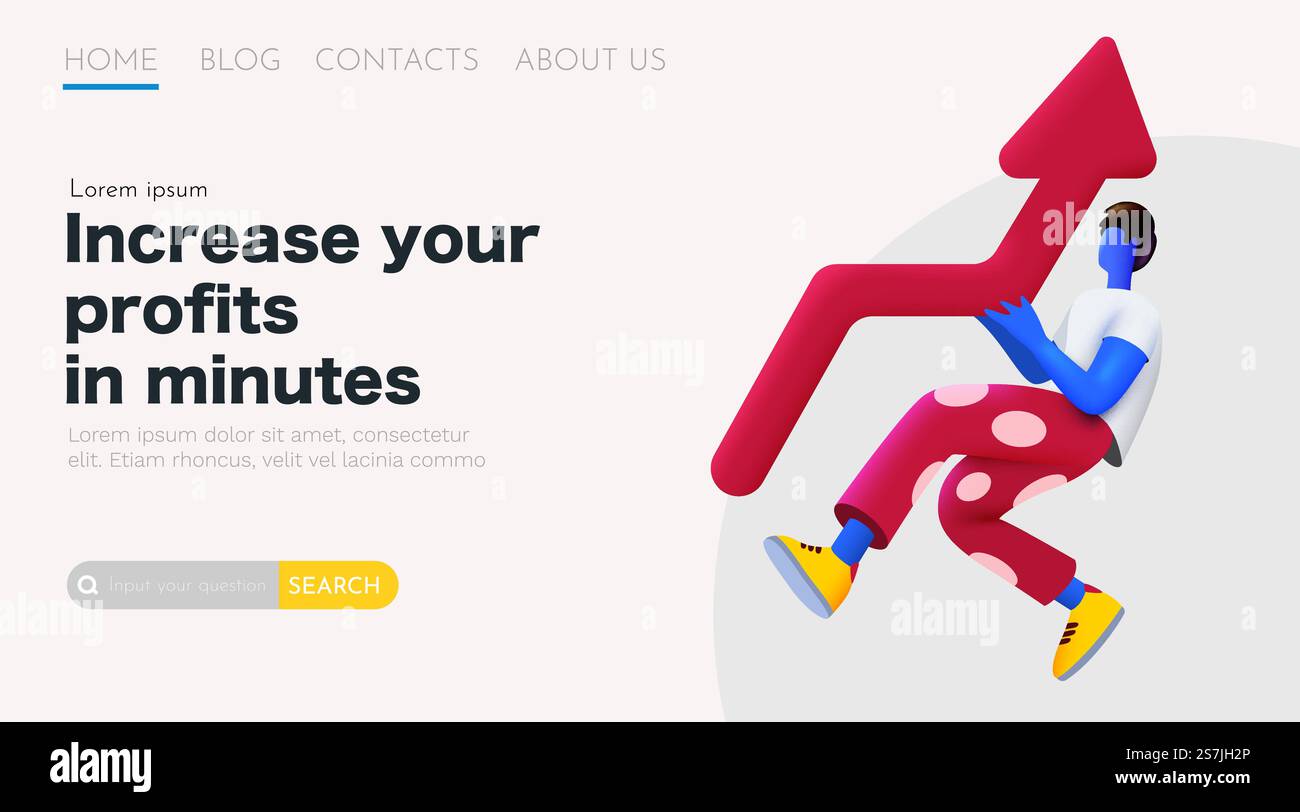 3d cartoon man holding growing arrow. Income or profit increase concept ...