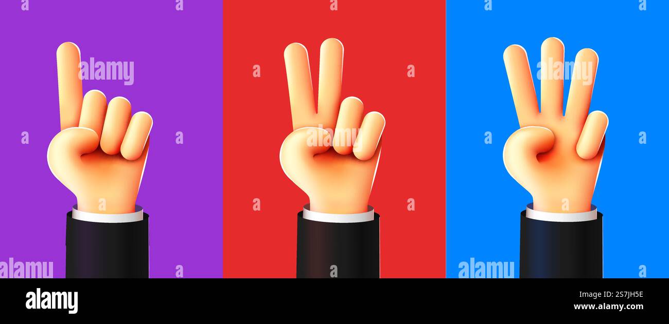Cute 3D Hands counting one two three. Three steps or options concept. Vector illustration. Cute ...