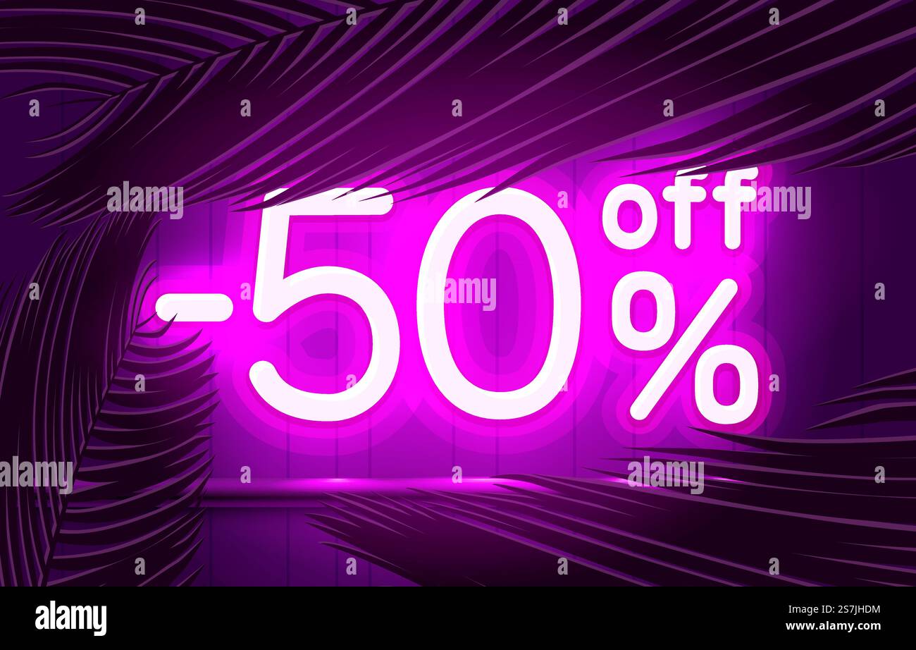 Neon frame 50 off text banner, summer bar promotion. Night Sign board ...