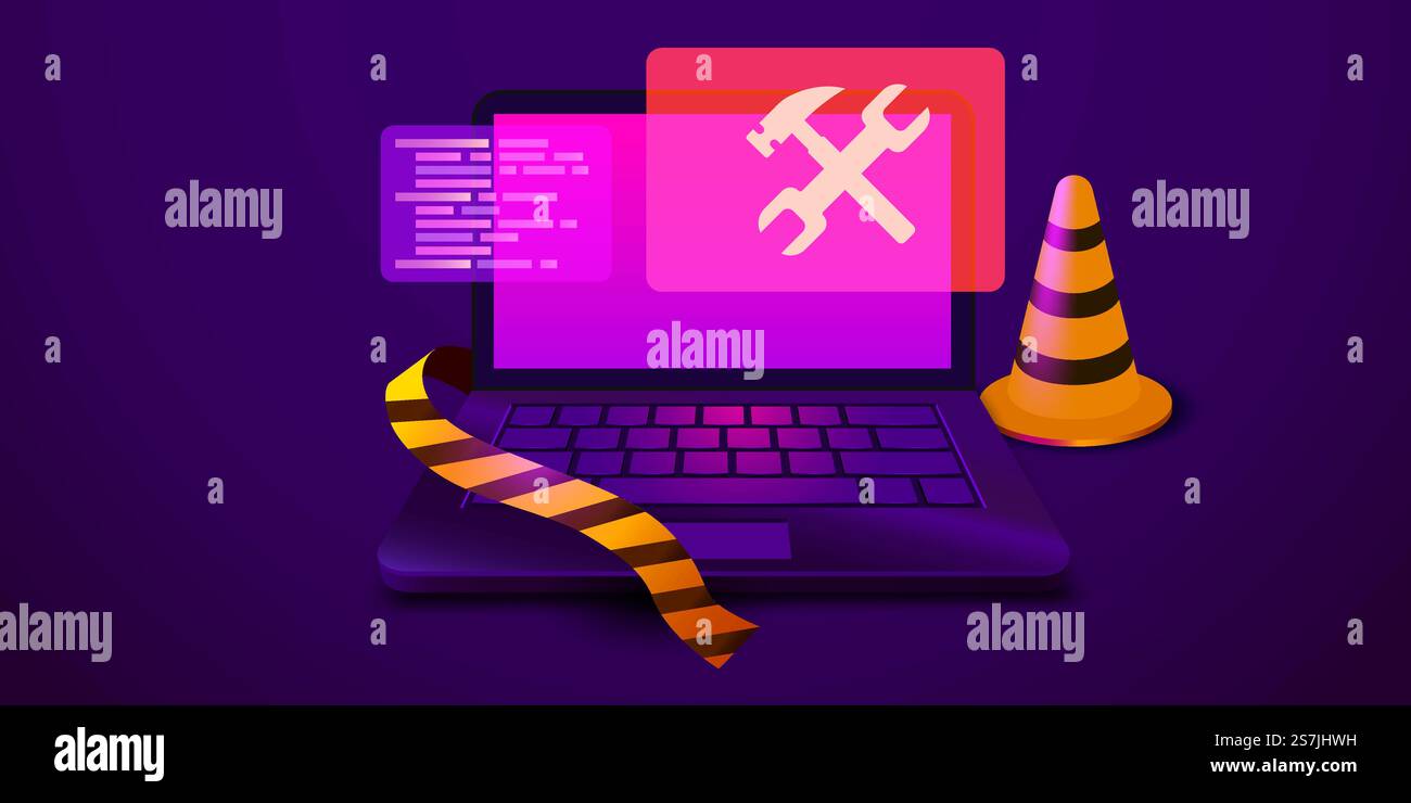 Laptop with wrench and hammer on the screen. Computer repair service ...