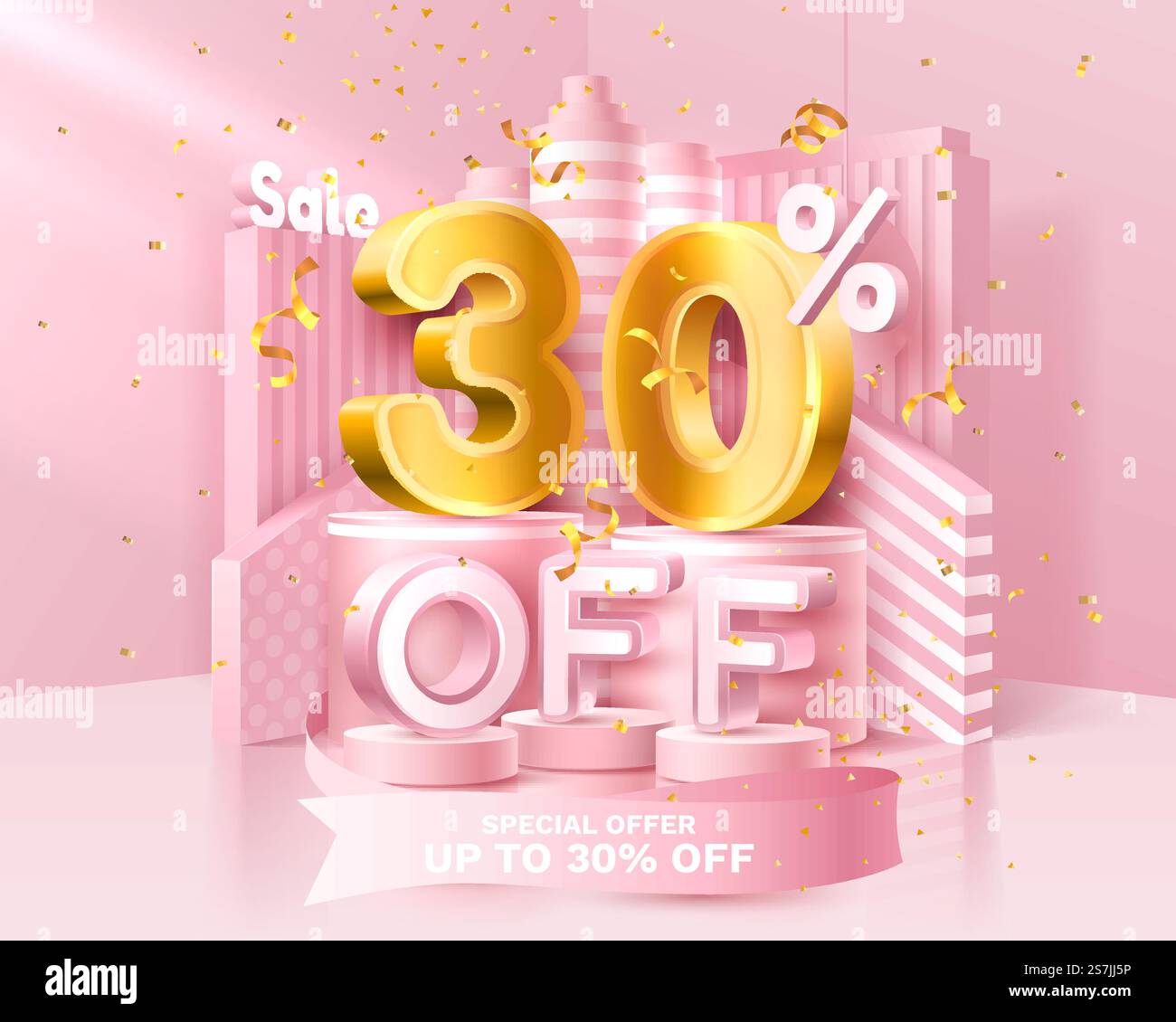 30 Off. Discount creative composition. 3d sale symbol with decorative objects, golden confetti ...