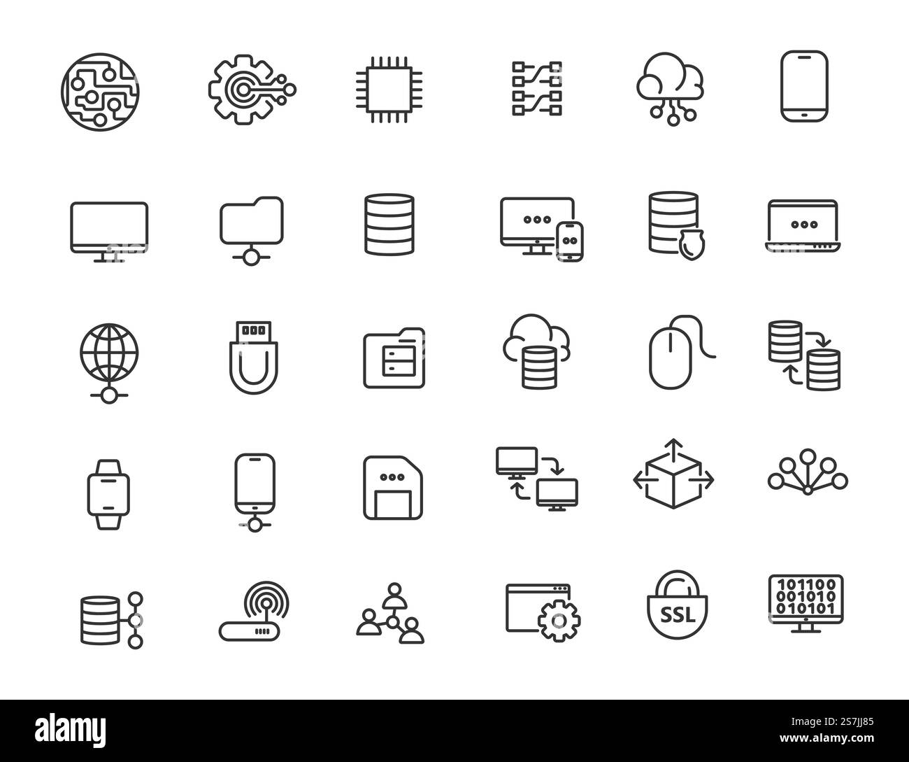 Set of linear computer technology icons. Database icons in simple ...