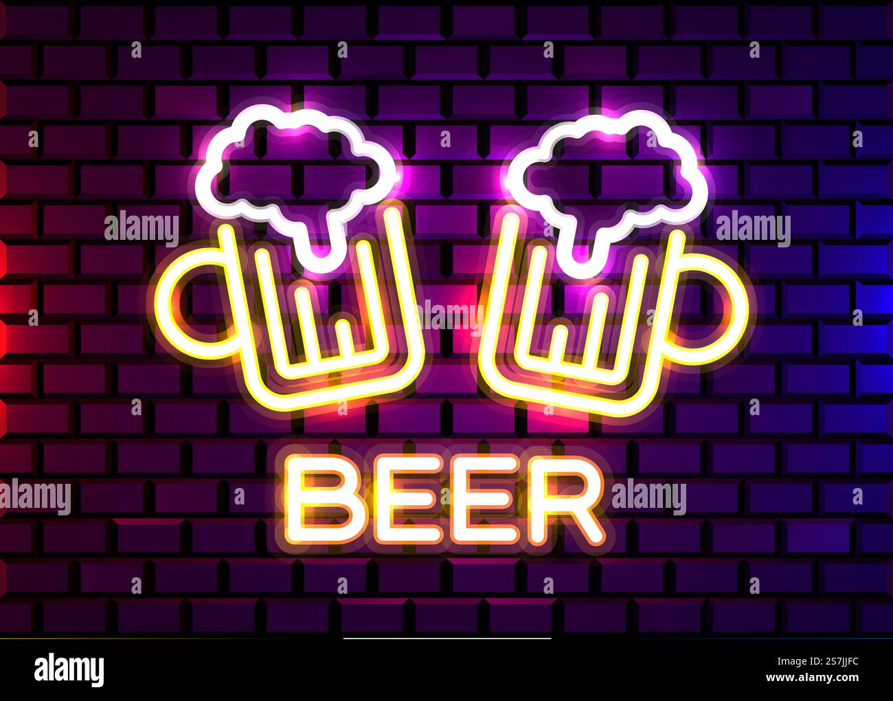 Retro neon Beer Bar sign on brick wall background. Neon design for bar ...