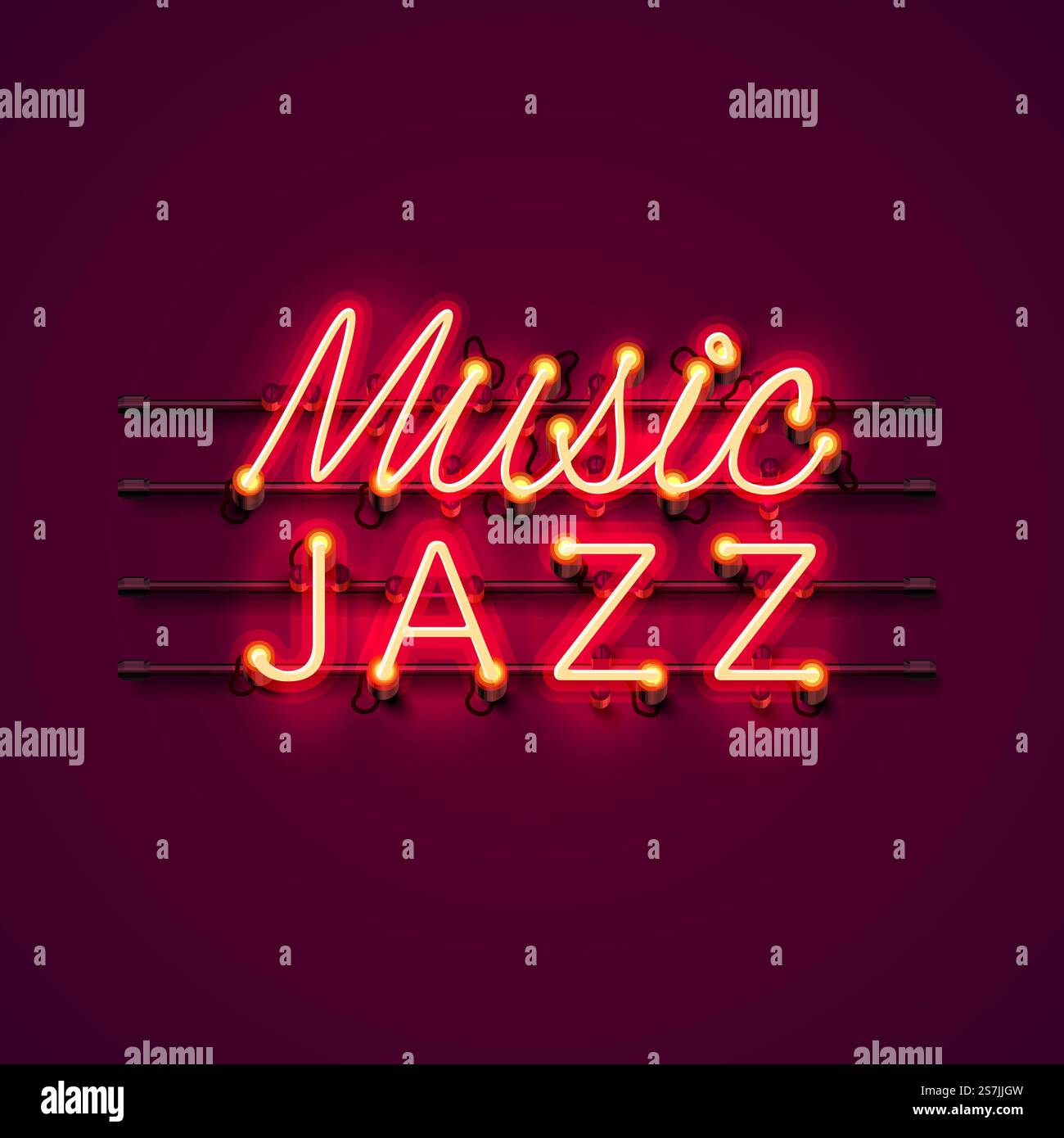 Neon music jazz signboard on the red background. Vector illustration ...