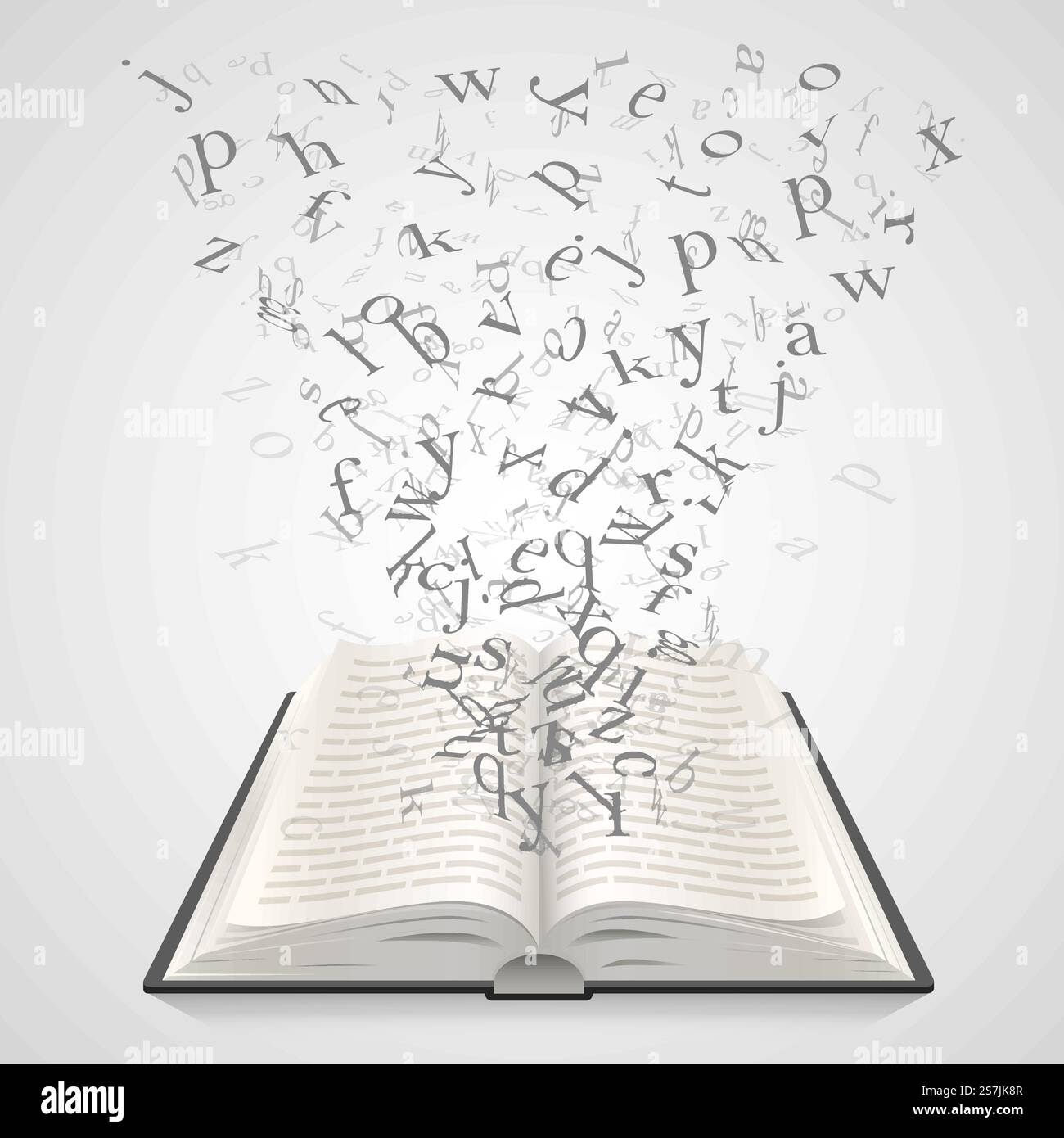 Open book with flying letters on a white background, education art ...