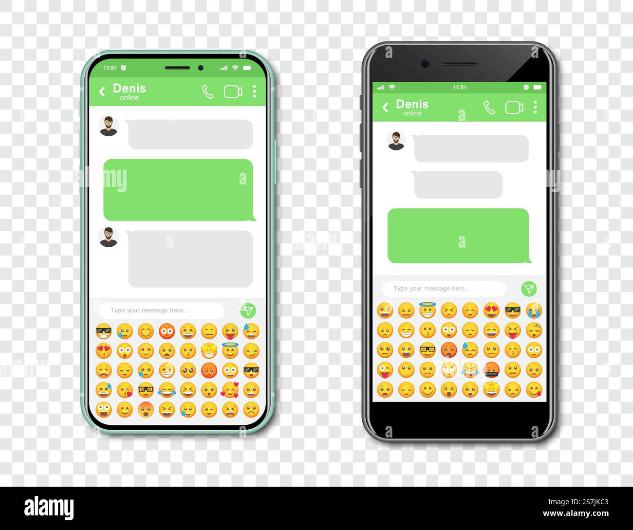 Set of smartphones with blank chat messenger and emoticons. Template ...