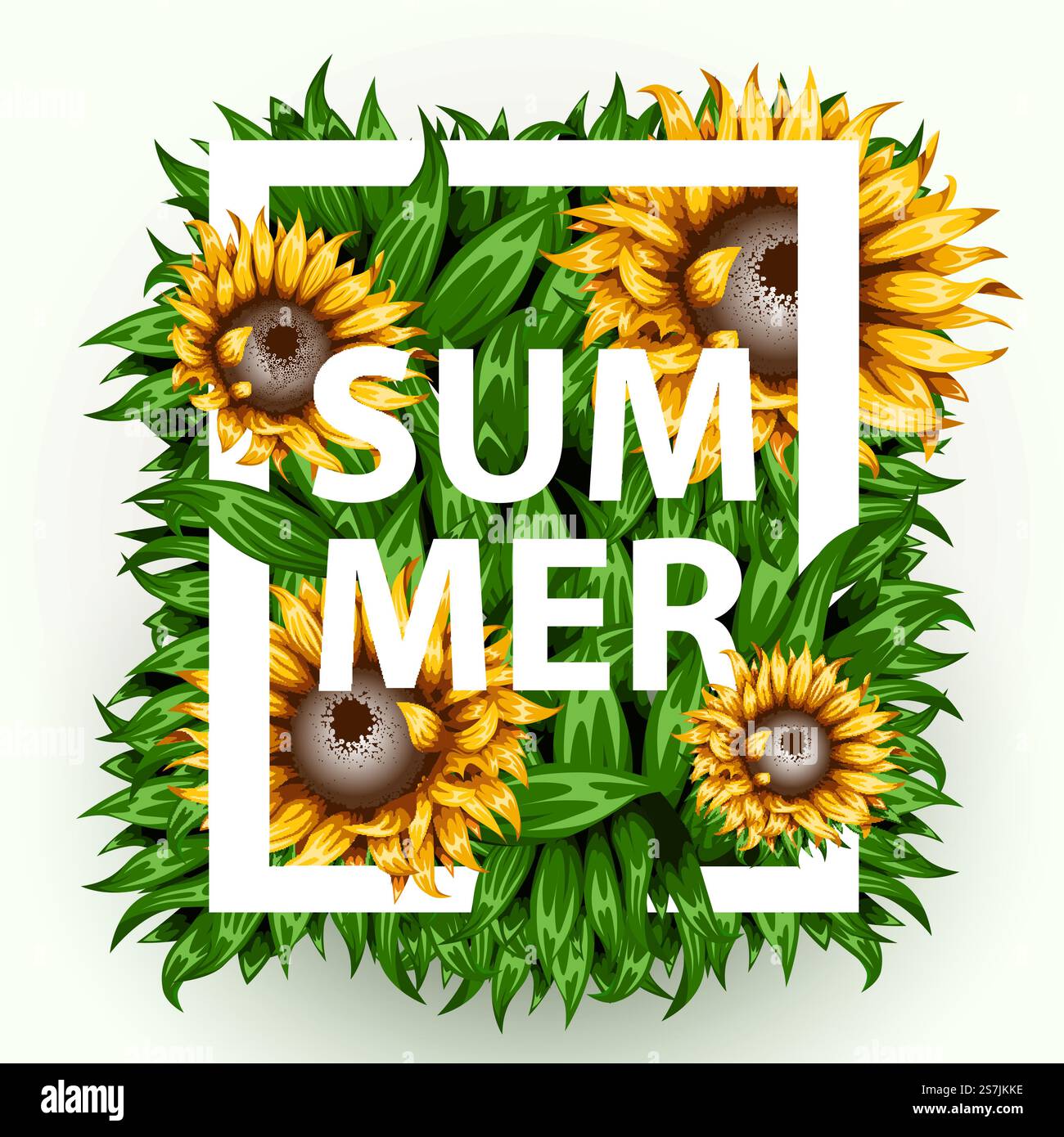 Realistic beautiful grass frame with sunflowers. Flower frame with ...