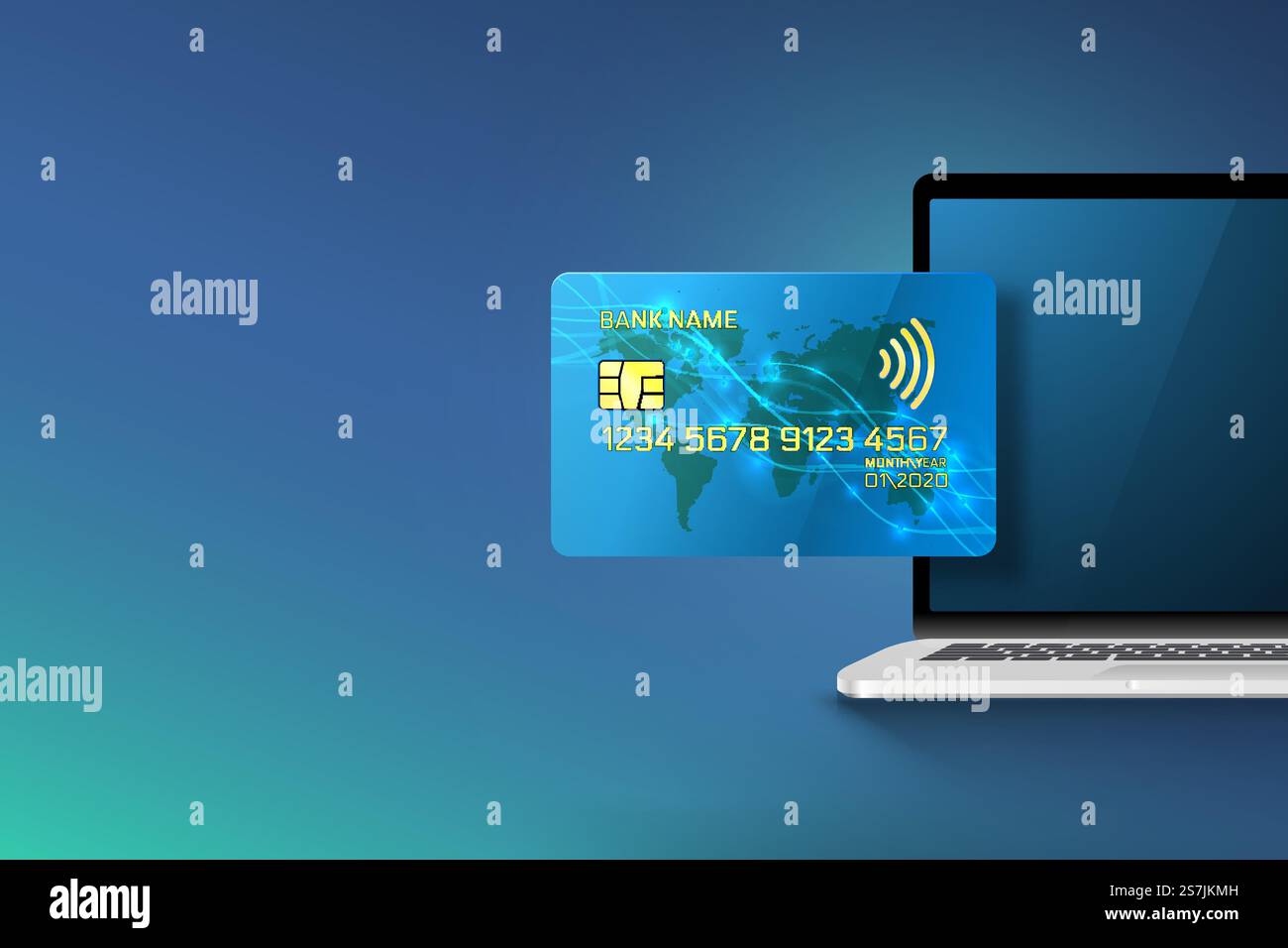 Electronic credit card and computer icon, finance technology, blue ...