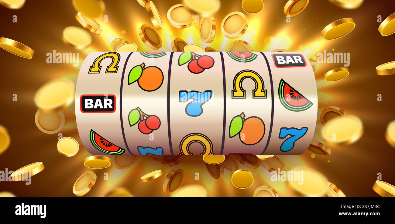 Slot machine with flying golden coins wins the jackpot. Big win concept ...