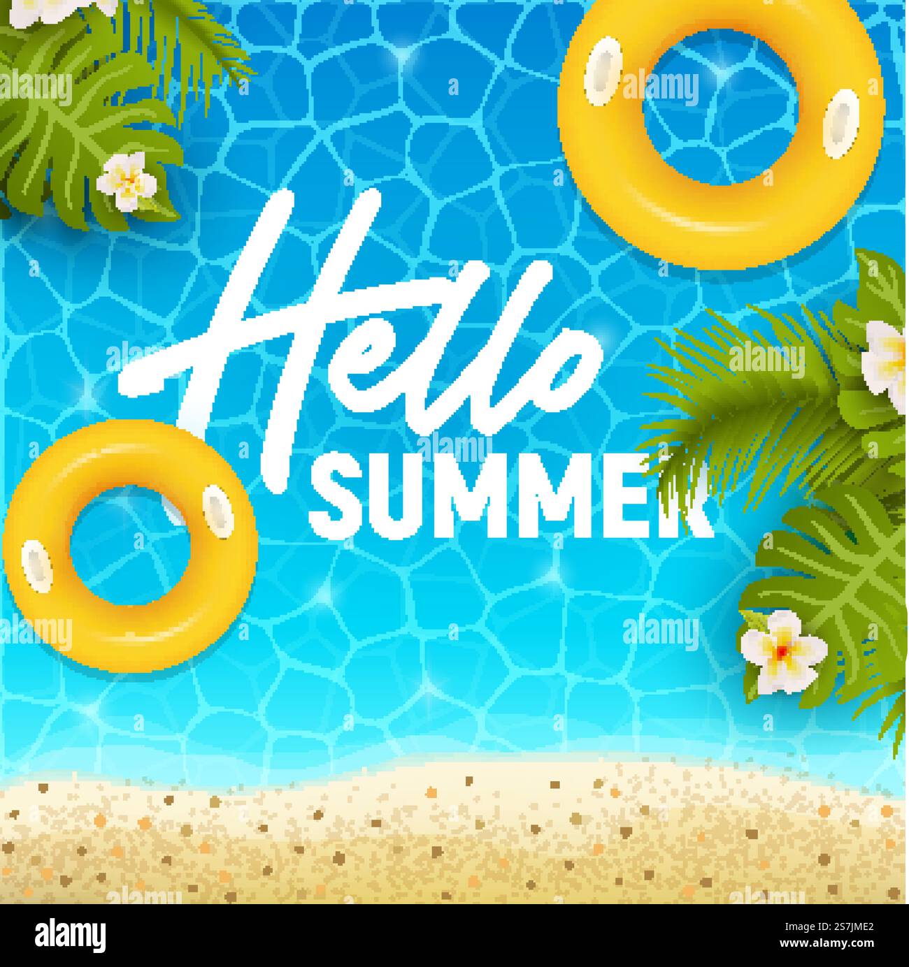 Hello summer web banner background. Sea or pool with sand and palm ...