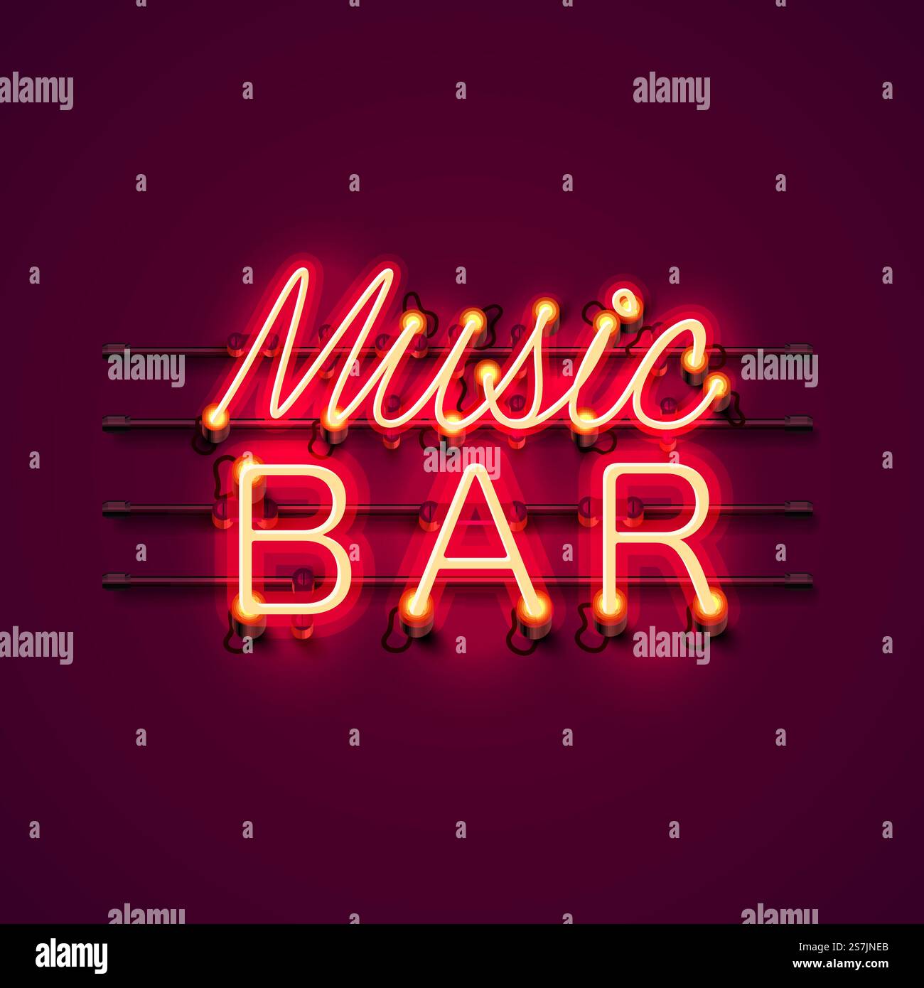 Neon music bar signboard on the red background. Vector illustration ...