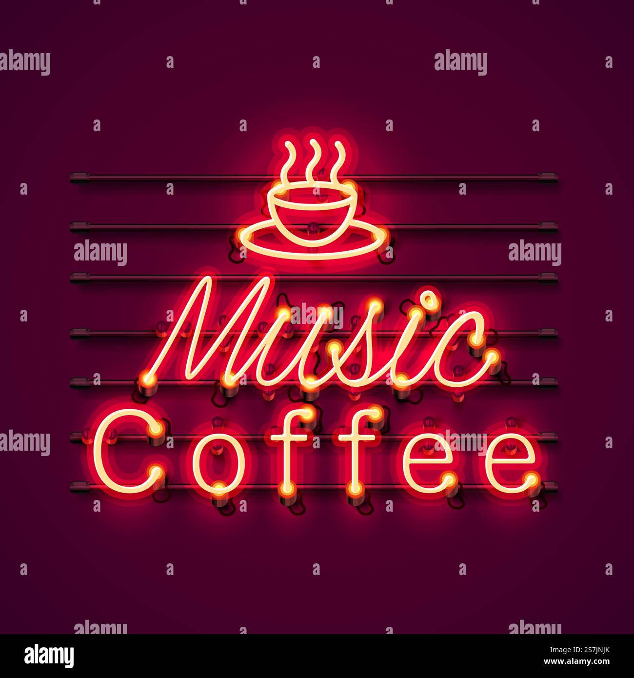 Neon music coffee text icon signboard on the red background. Vector ...