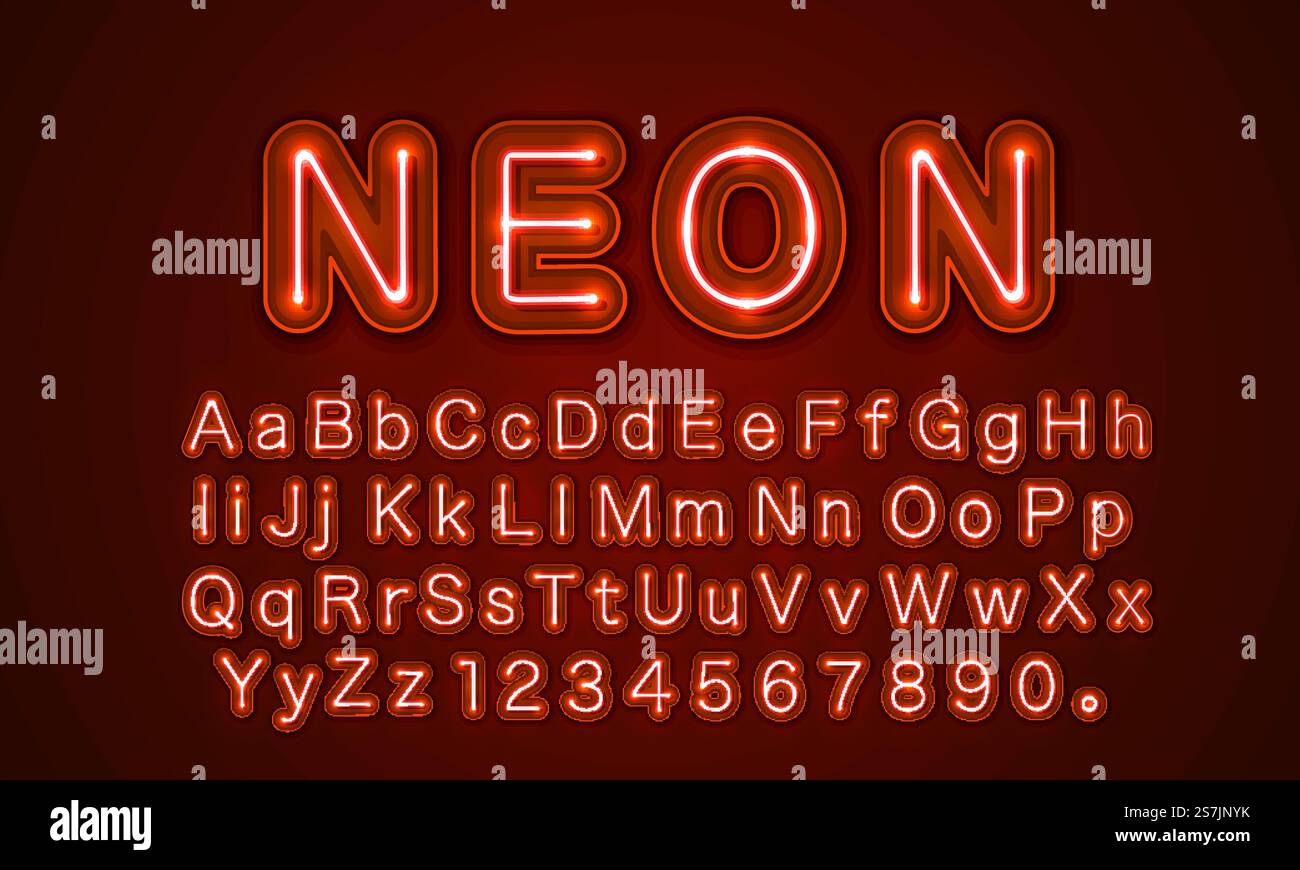 Neon city color red font. English alphabet and numbers sign. Vector ...