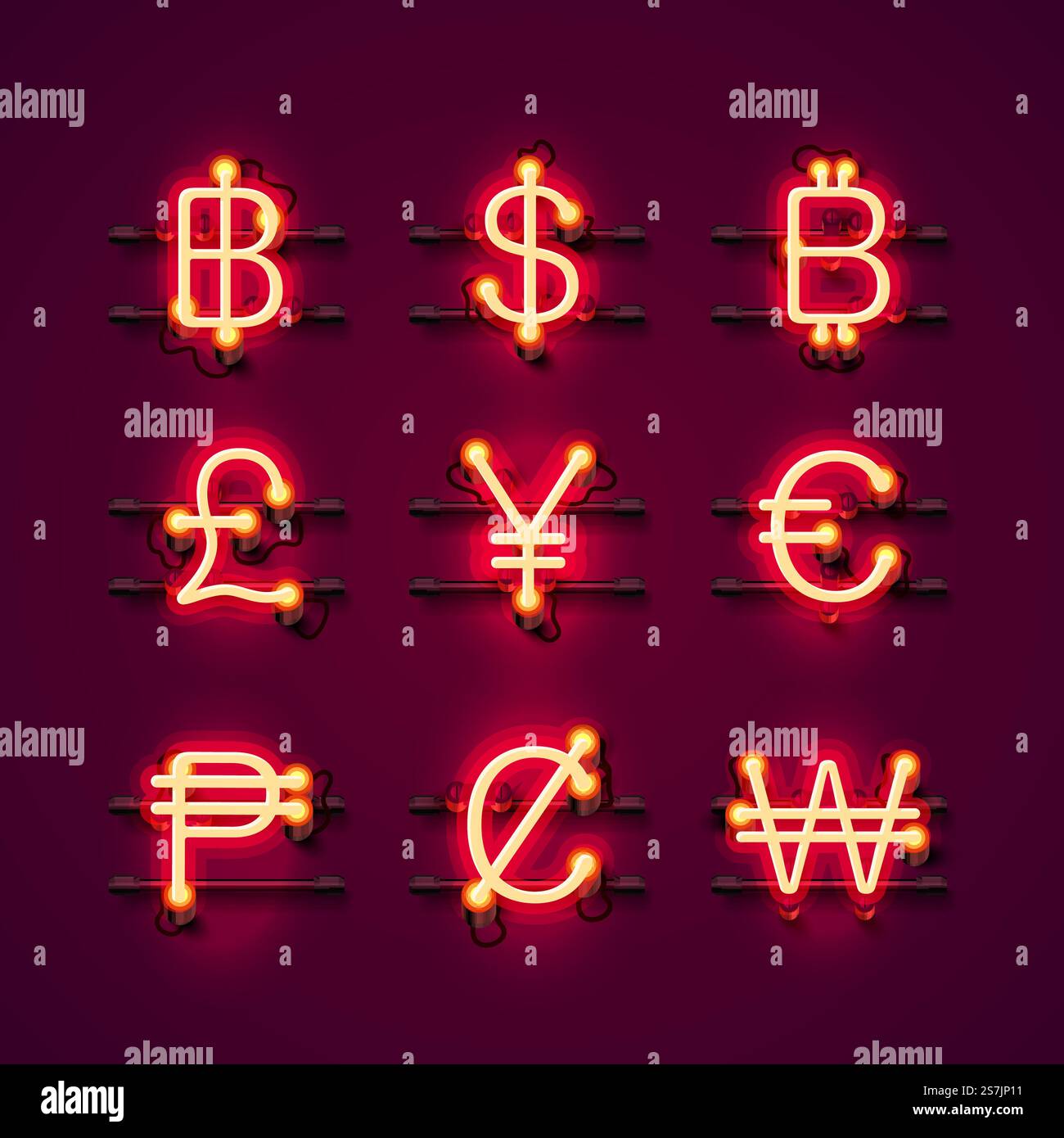 Currency neon symbols set on the red background. Vector illustration ...