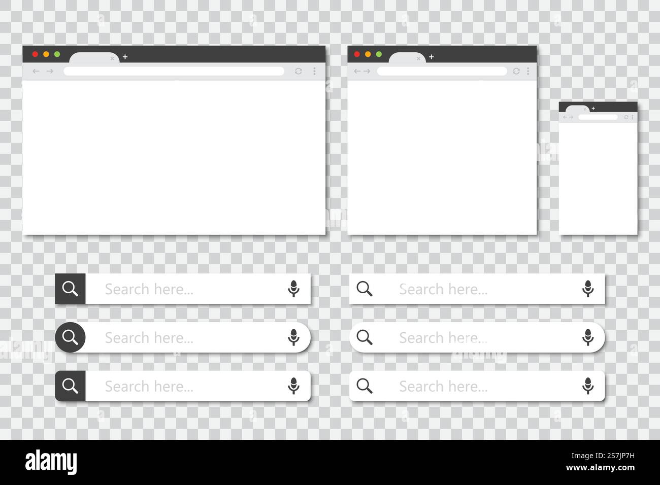 Set of browser windows in different sizes and search bar collection in a flat design with shadow ...