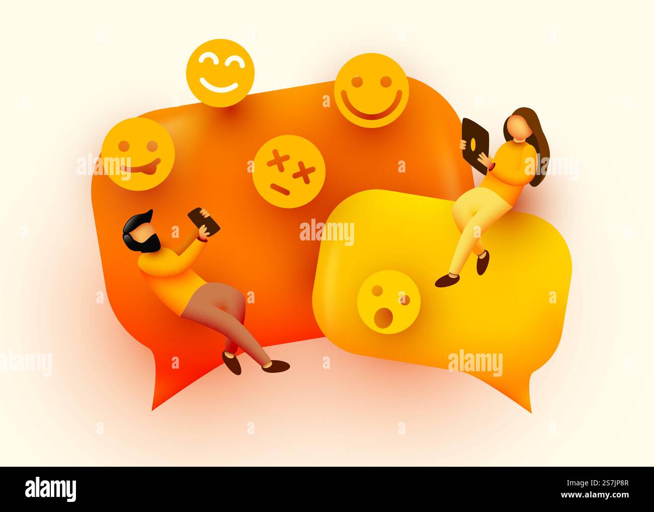 Small people flying around chat bubbles and emoji signs. Talking couple ...