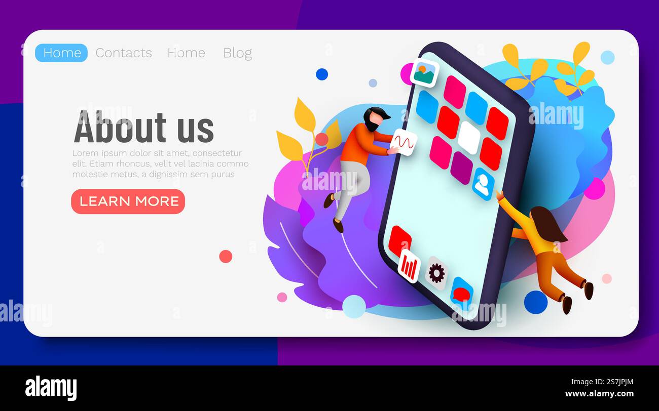 Landing page. Modern banner template with tiny people and giant smartphone. mobile app design ...