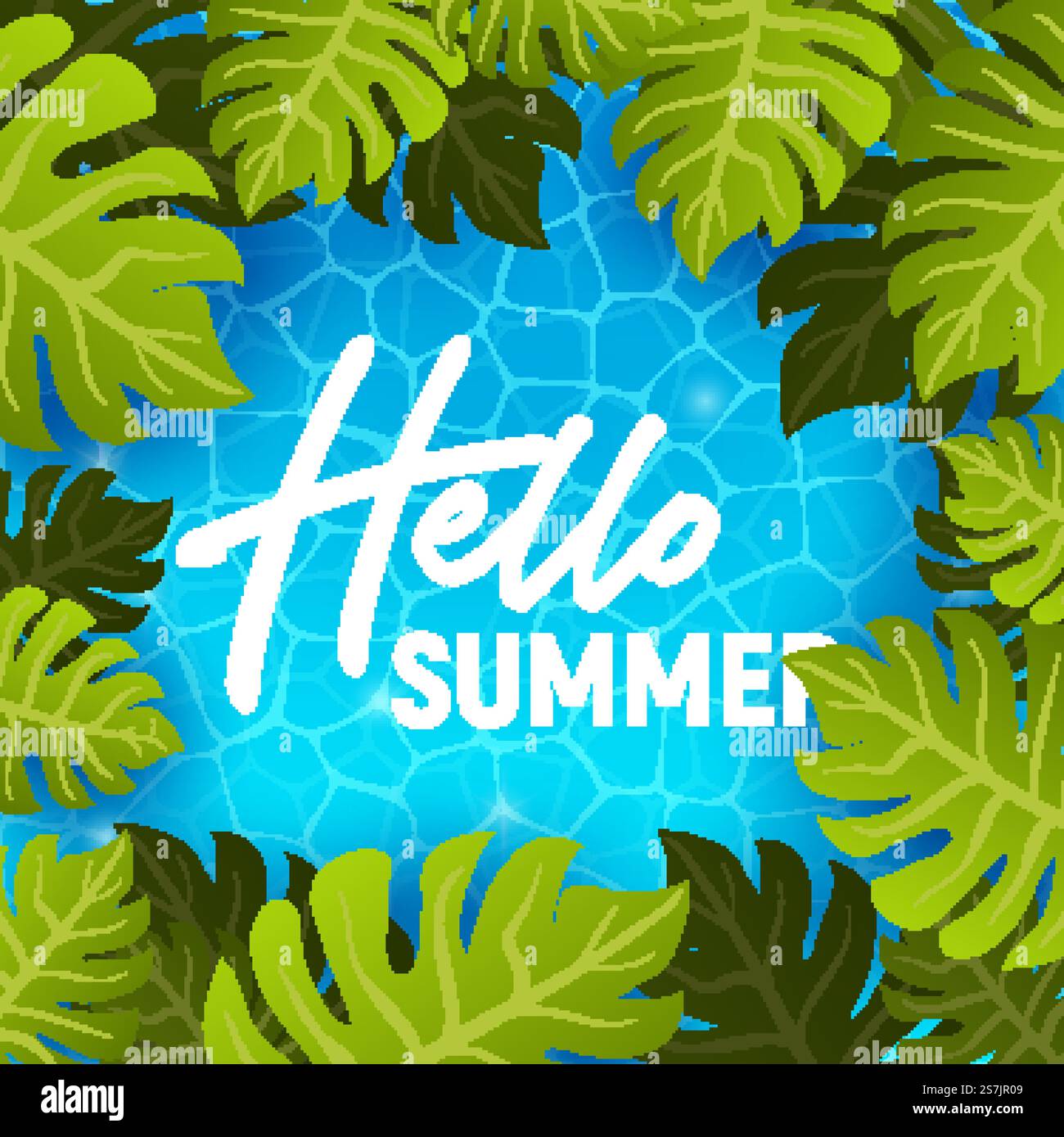 Hello summer web banner background. Sea or pool with palm. Hello Summer ...