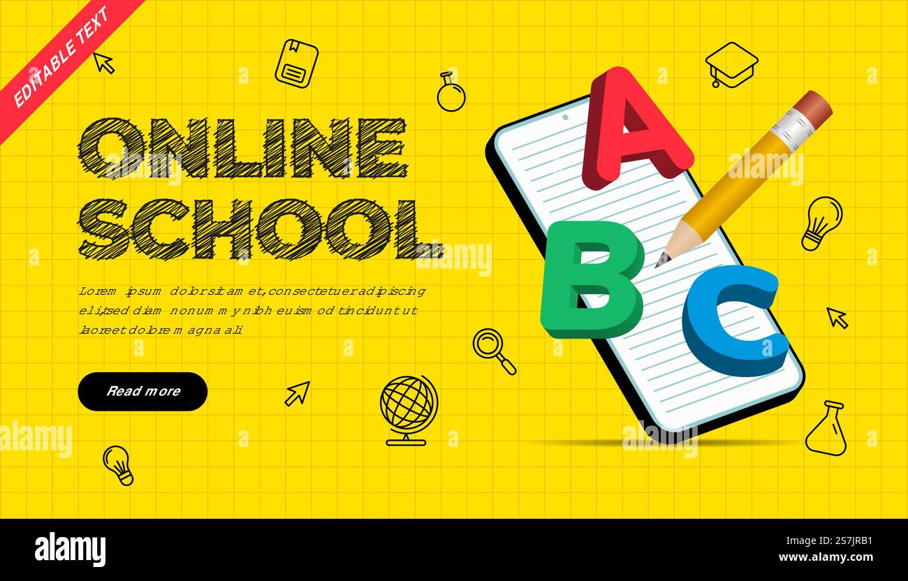 Online school banner with 3d illustration. Digital internet tutorials ...