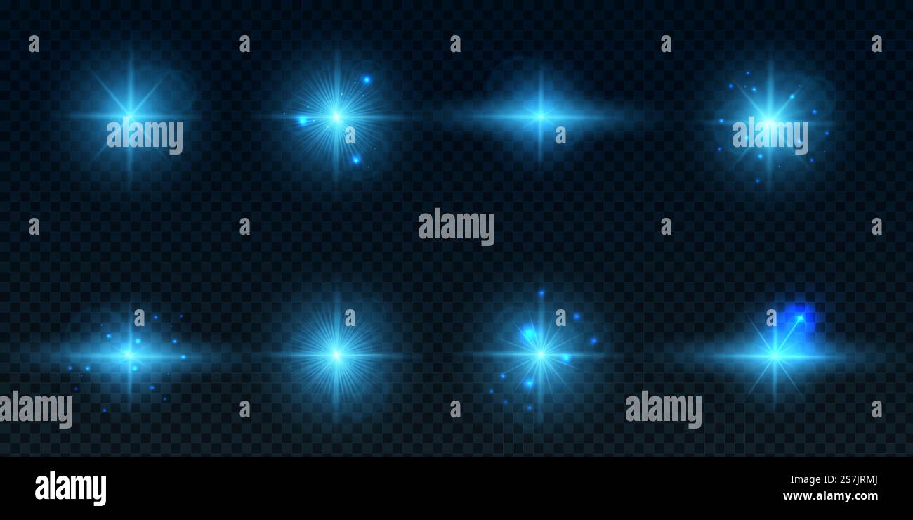 Collection of lens flares with blue lenses. A set of nine bright sparkling stars on a ...