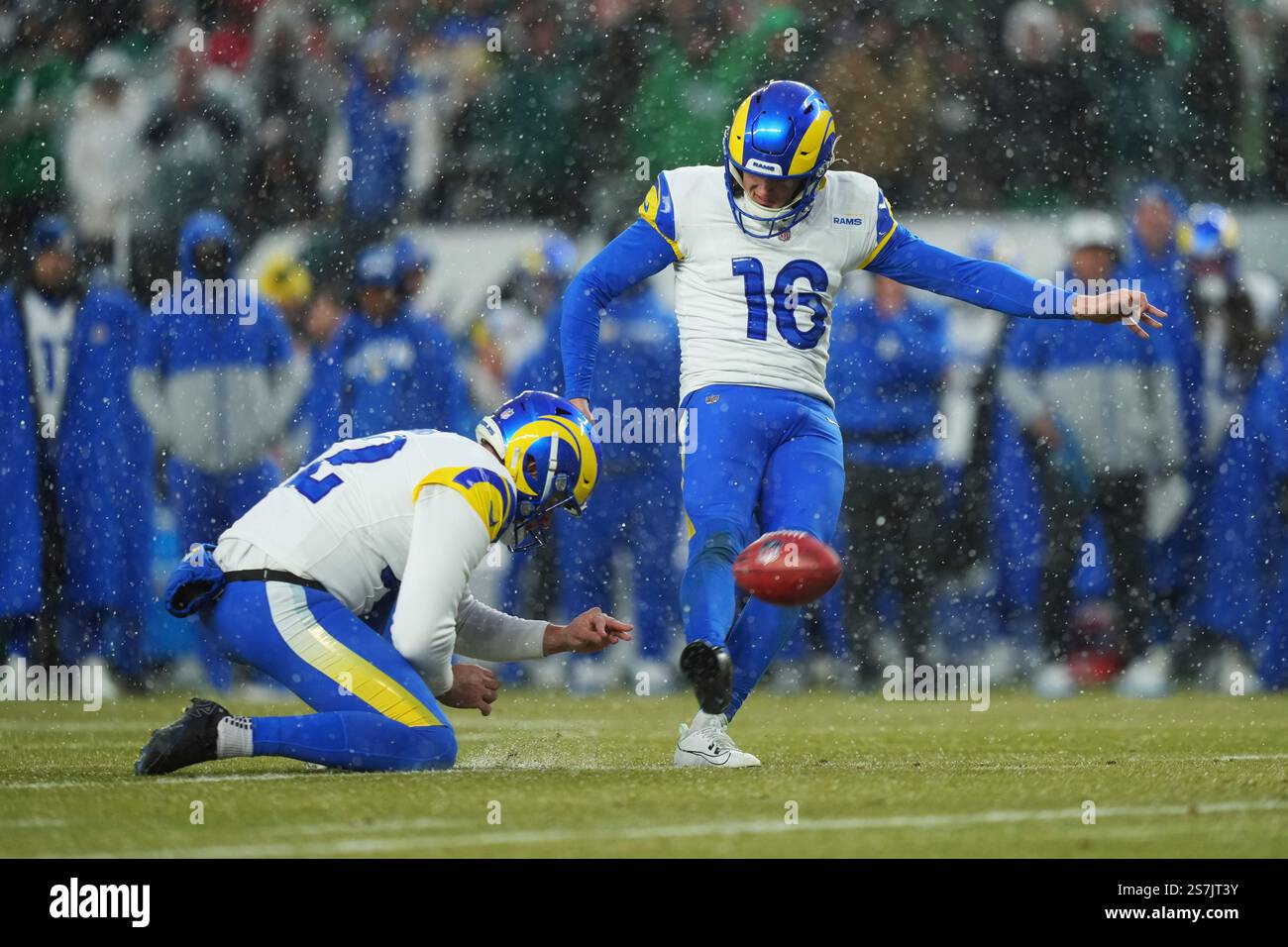 Los Angeles Rams' Joshua Karty (16) kicks a field goal during the first ...