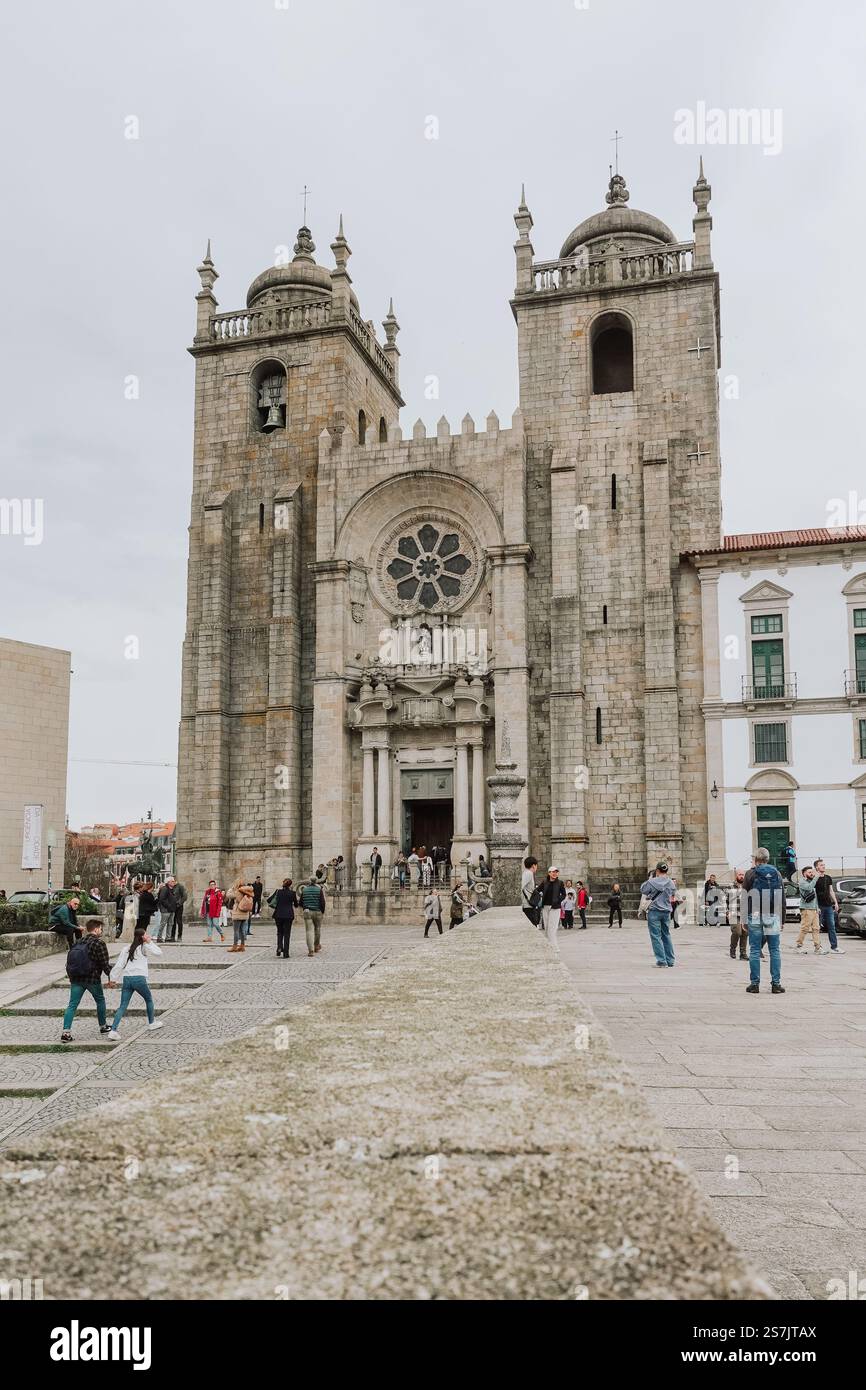 Porto Cathedral exterior with a detailed front facade in Porto ...