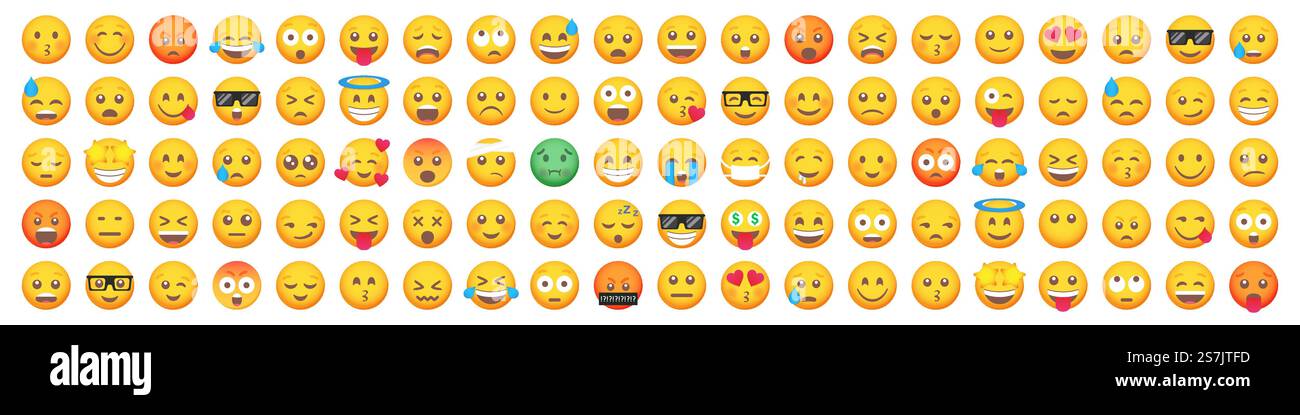 Big set of 100 emoticon smile icons. Cartoon emoji set. Vector emoticon ...