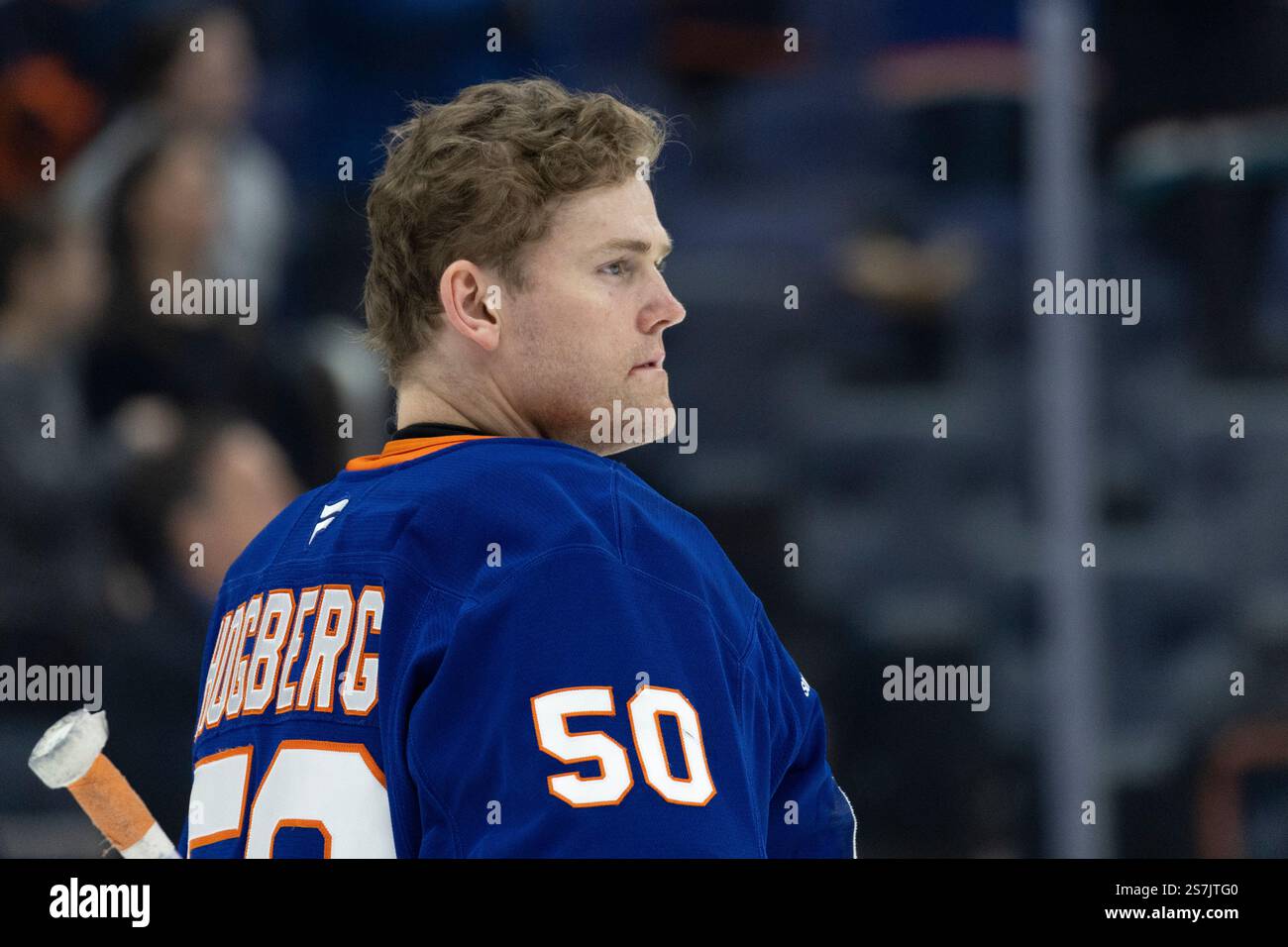 New York Islanders goaltender Marcus Hogberg (50) looks on during the ...